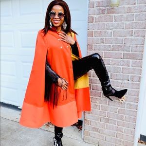 New Stylish Orange Yellow Midi Length Cape Coat S - Gem